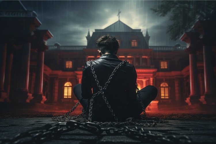 Man chained to red mansion. Generate Ai