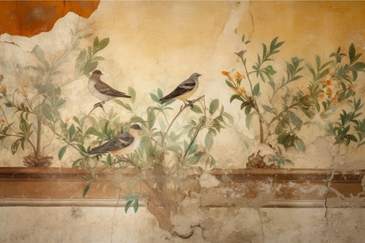 Ancient wall fresco masterpiece with birds on plants. Genera