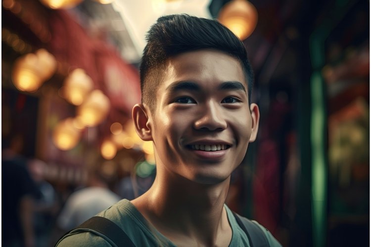 Asian young man portrait street photo. Generate Ai