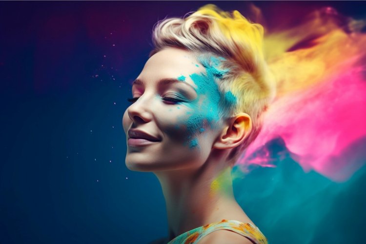 Blonde woman with short hairstyle and colorful explosion. Ge