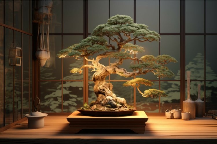 Meticulous Bonsai art tree room. Generate Ai