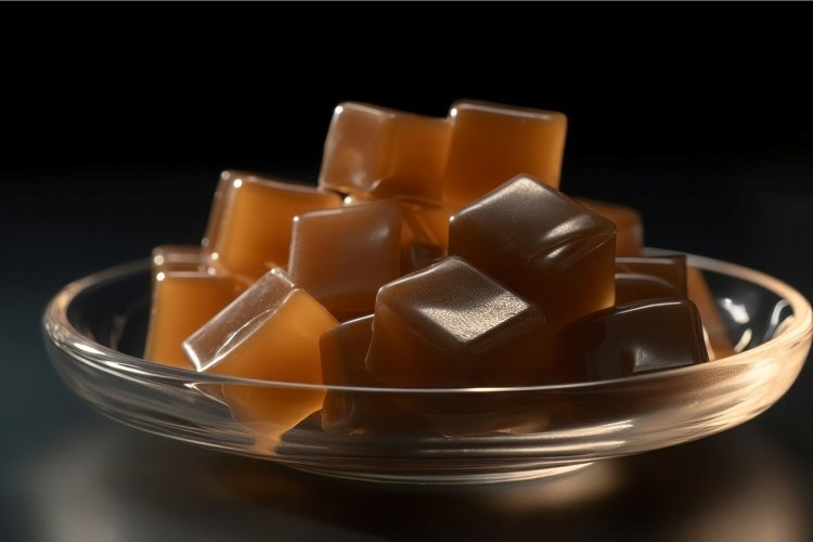 Bowl with brown caramels. Generate ai