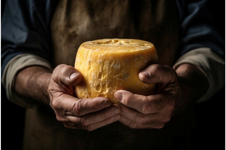 Cheesemaker holding cheese food person. Generate Ai