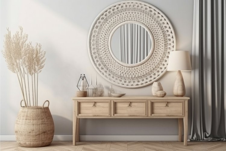Coastal beige bohemian interior style. Generate ai