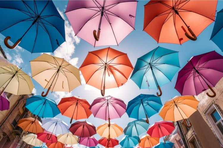 Colorful umbrellas sky. Generate Ai