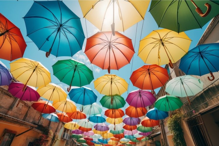 Colorful umbrellas blue sky. Generate Ai