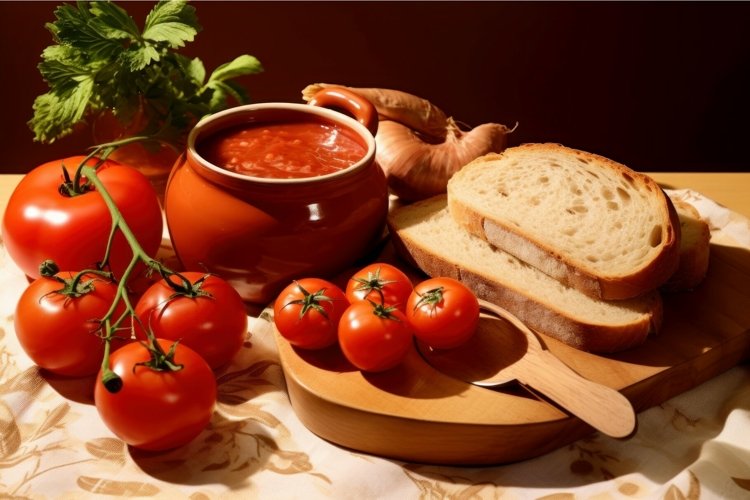 Composition of fresh pate tomatoes and homemade bread. Gener