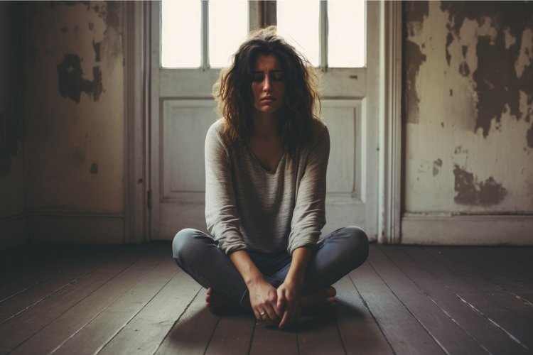 Depressed young woman at old floor. Generate Ai