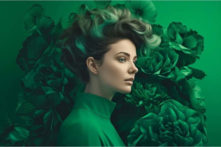 Elegant woman green color flowers. Generate Ai