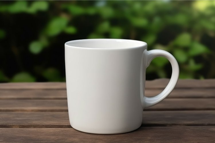 Empty mockup mug wooden table. Generate Ai