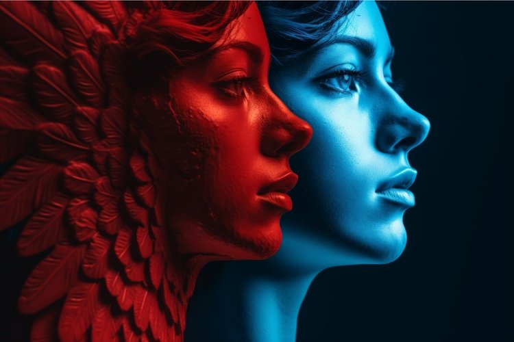 Face woman red blue. Generate Ai