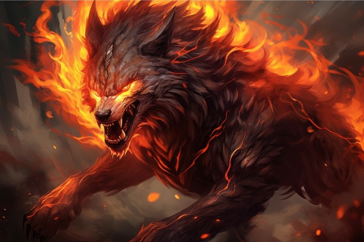 Vivid Fiery wolf fantasy. Generate Ai
