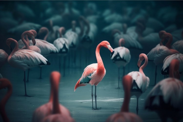 Flamingo group lake. Generate Ai