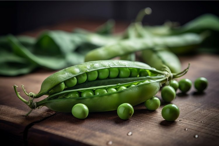 Fresh peas closeup on wooden table. Generate Ai