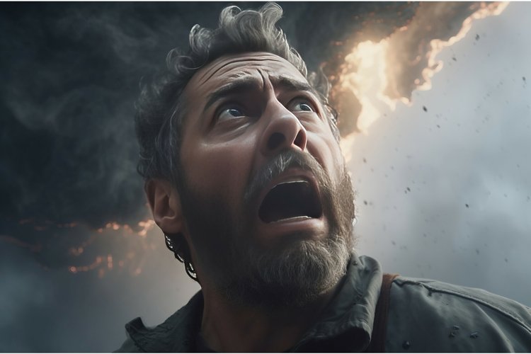 Furious person confronting apocalypse smoke fire. Generate A