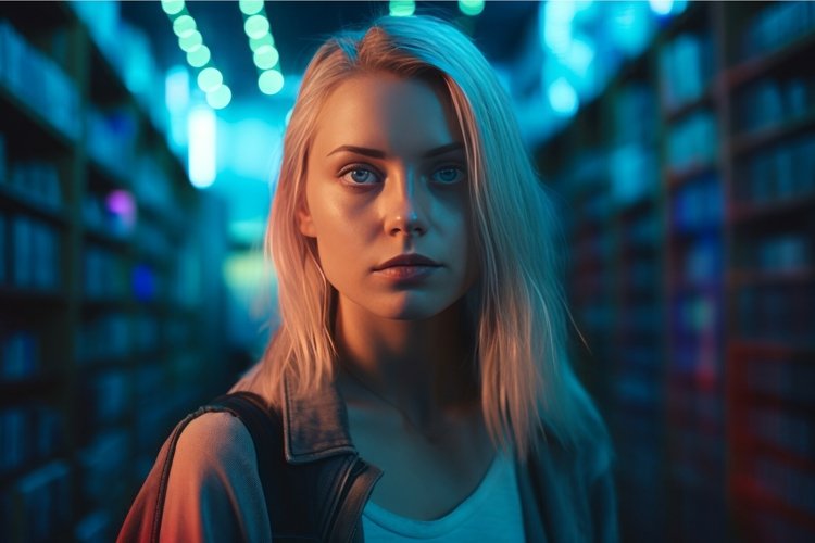 Future blond woman in neon illuminated room. Generate ai