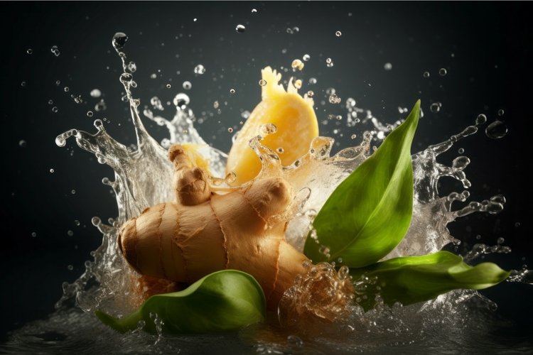 Ginger with green leaves in water splashes. Generate ai