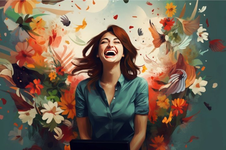 Graphic designer woman happy on wall art. Generate Ai