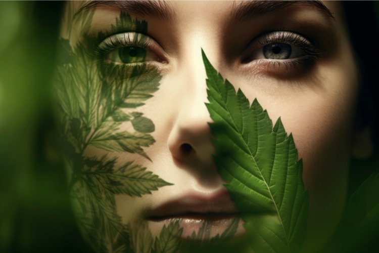 Cannabis woman plants face. Generate Ai