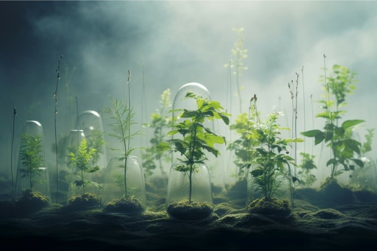 Sunlit Growing green plants field. Generate Ai