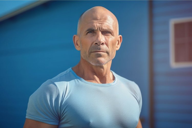 Handsome man blue tshirt. Generate Ai