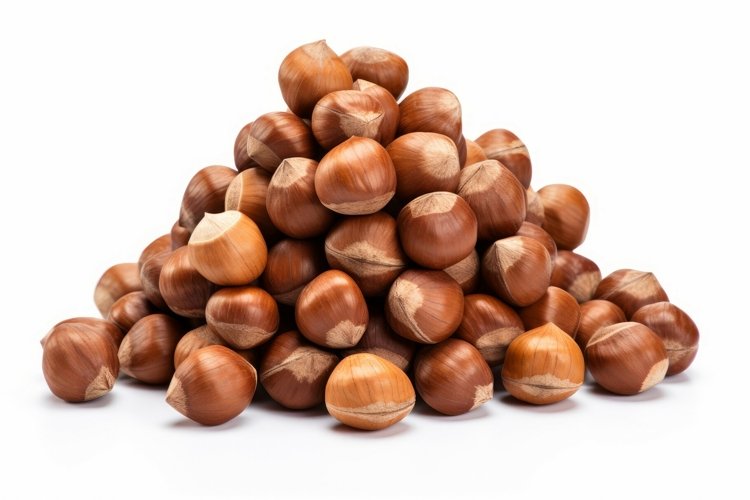 Heap of tasty hazelnuts organic food on white background. Ge