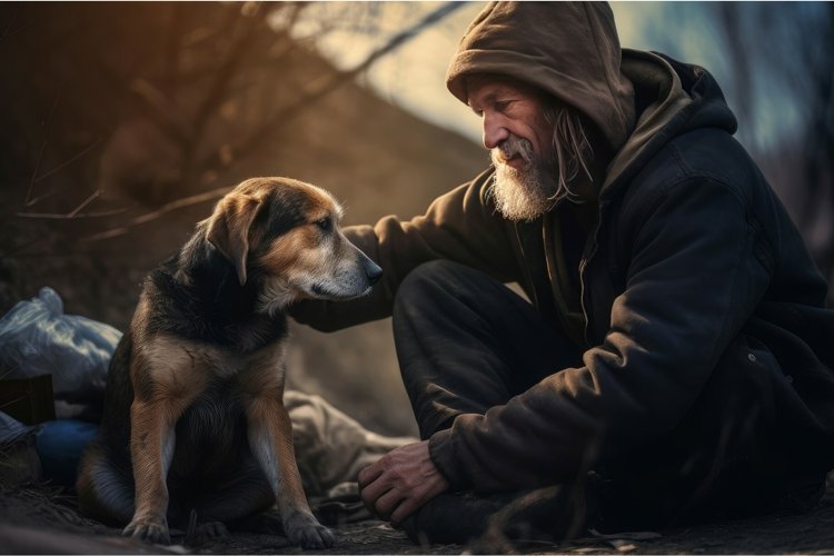 Homeless man with homeless dog. Generate ai