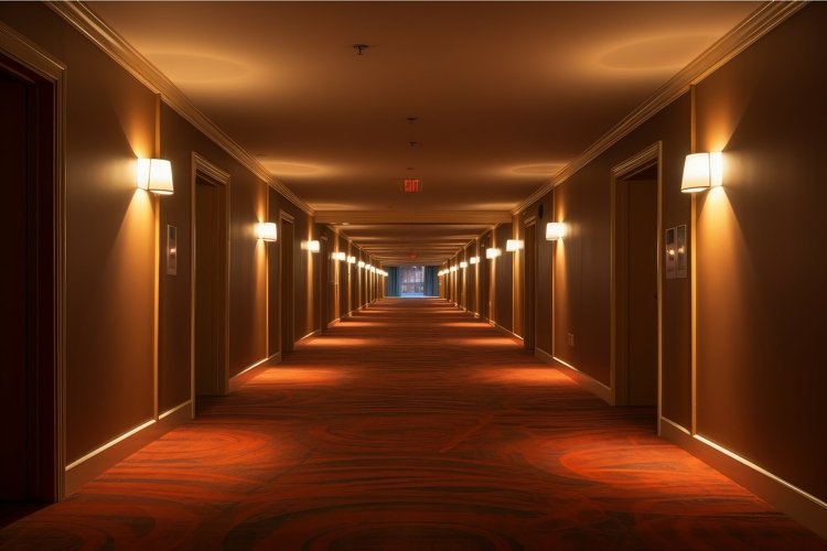 Spacious Interior long hotel corridor. Generate Ai
