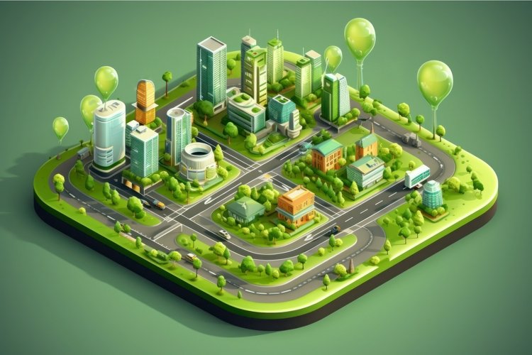 Innovative Isometric scheme of green city. Generate Ai