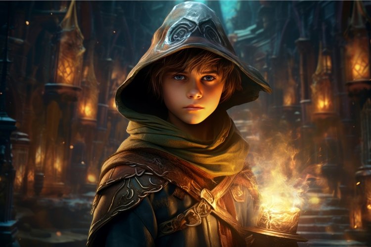 Enigmatic Mage child fantasy dungeon. Generate Ai