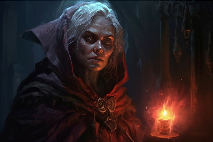 Wise Mage old woman fantasy dungeon. Generate Ai