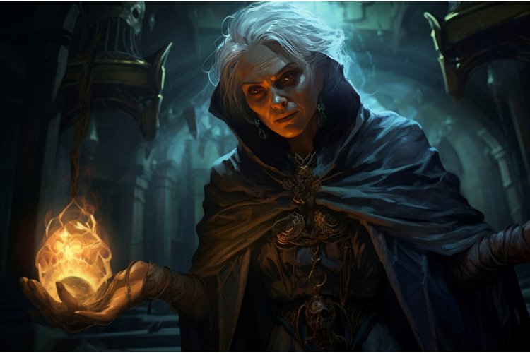 Spellbinding Mage old woman fantasy dungeon. Generate Ai