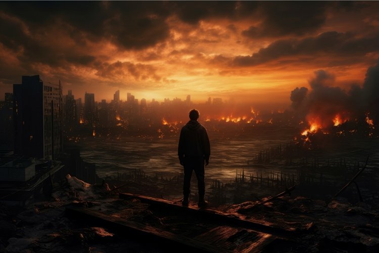 Haunting Man apocalypse city. Generate Ai