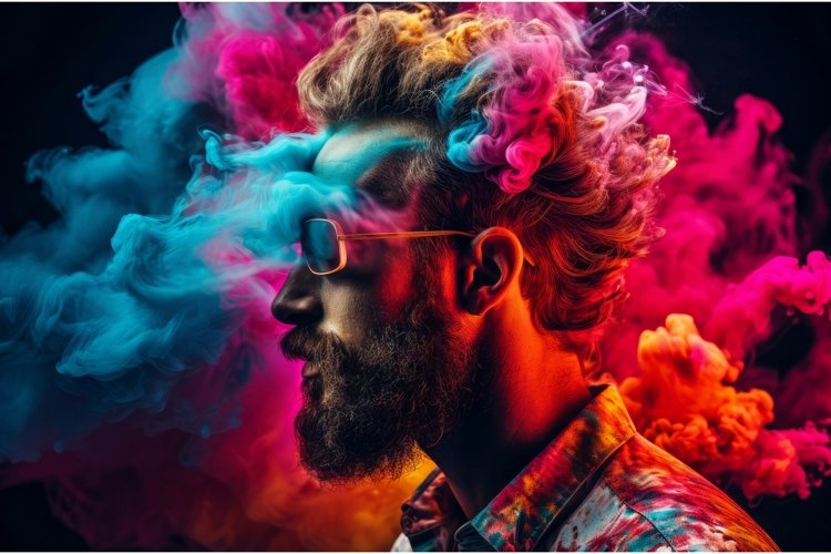 Vibrant man colorful smoke. Generate Ai
