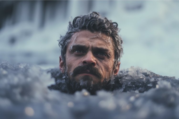 Man immersing in icy water snow. Generate Ai