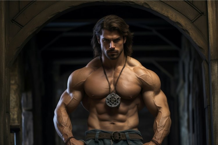 Intense Man muscular medieval photo shot. Generate Ai