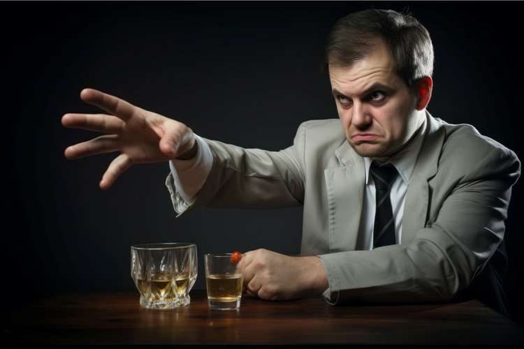 Strong-willed Man refusing vodka drink glass. Generate ai