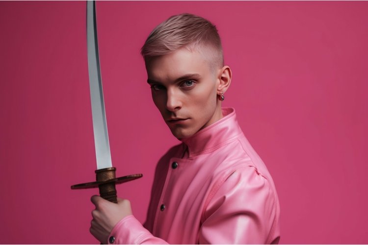 Man fighter with blade pink armor. Generate ai