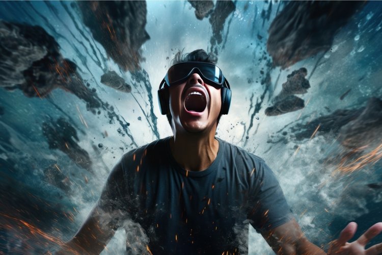 Thought-provoking Man vr reality splash. Generate Ai