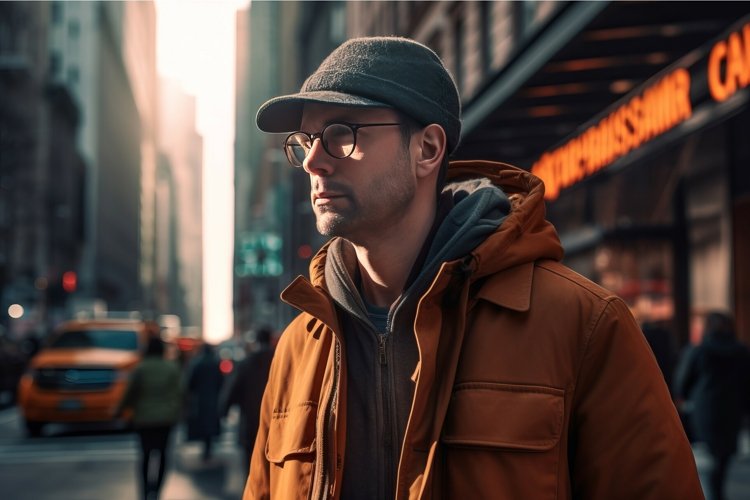 Man with cap and glasses walks on urban street. Generate ai