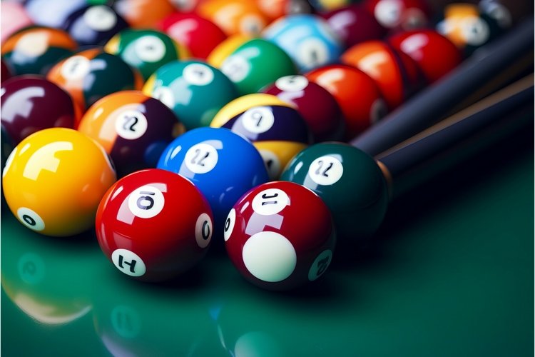 Vibrant Many colorful billiard balls and cue. Generate Ai