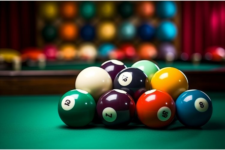 Glossy Many colorful billiard balls and cue. Generate Ai