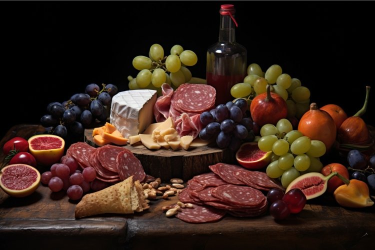 Appetizing Meat cheese fruits tray. Generate Ai