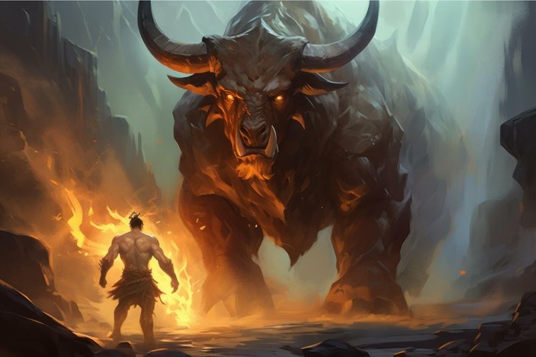 Powerful Minotaur myth illustration. Generate Ai