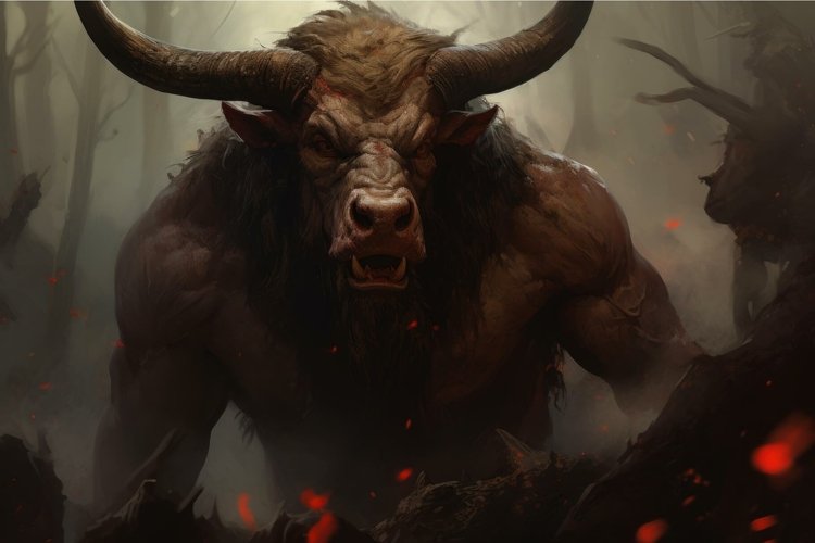 Mysterious Minotaur myth illustration. Generate Ai