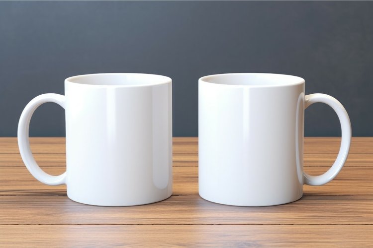 White mugs mockup on wooden table. Generate Ai