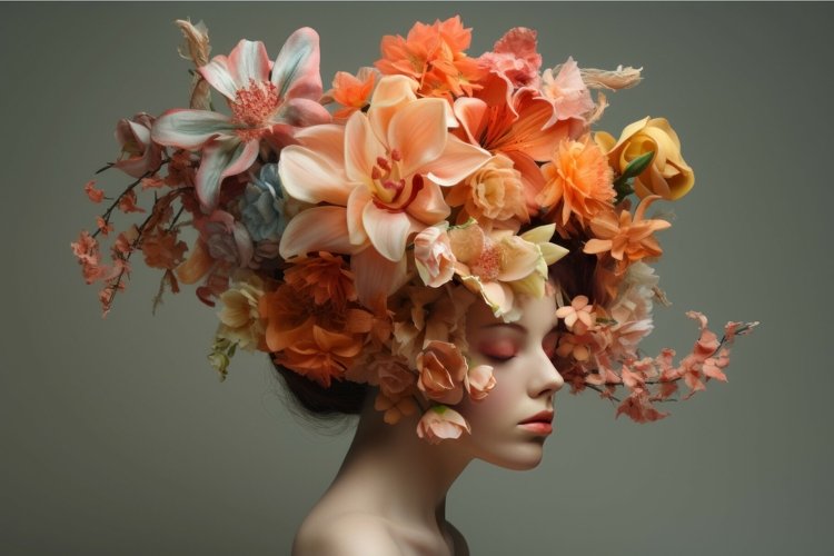 Fragrant Model with head decorated with flowers. Generate ai