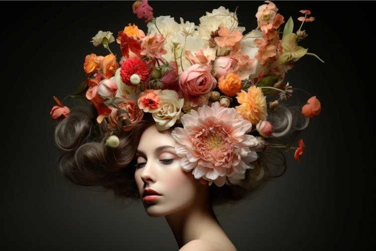 Elegant Model with head decorated with flowers. Generate ai