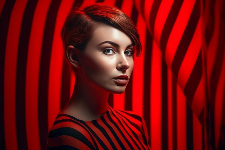 Glamour model portrait on red stripes style. (3680772)