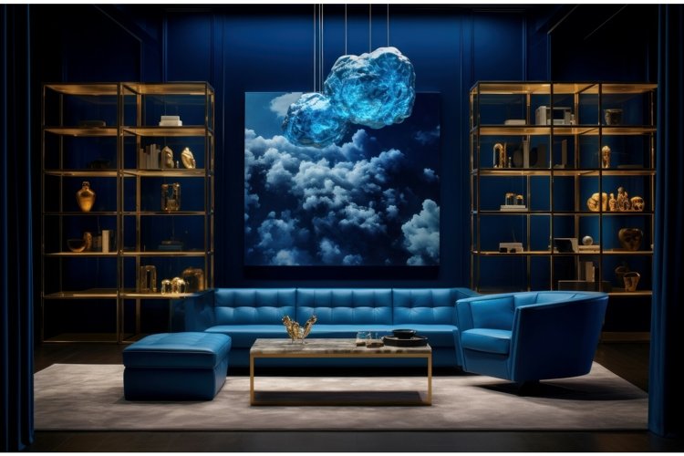 Luxurious modern living room with blue accents